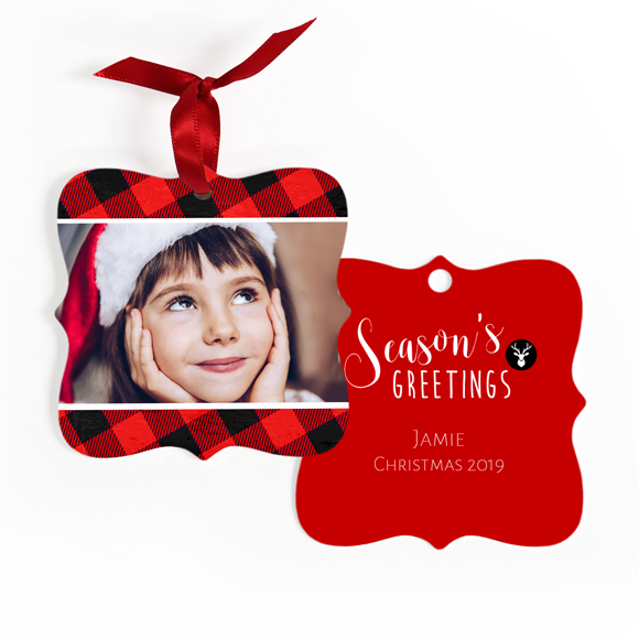 Metal Vintage Ornament "Seasons Greetings" Red Plaid - National Camera ...